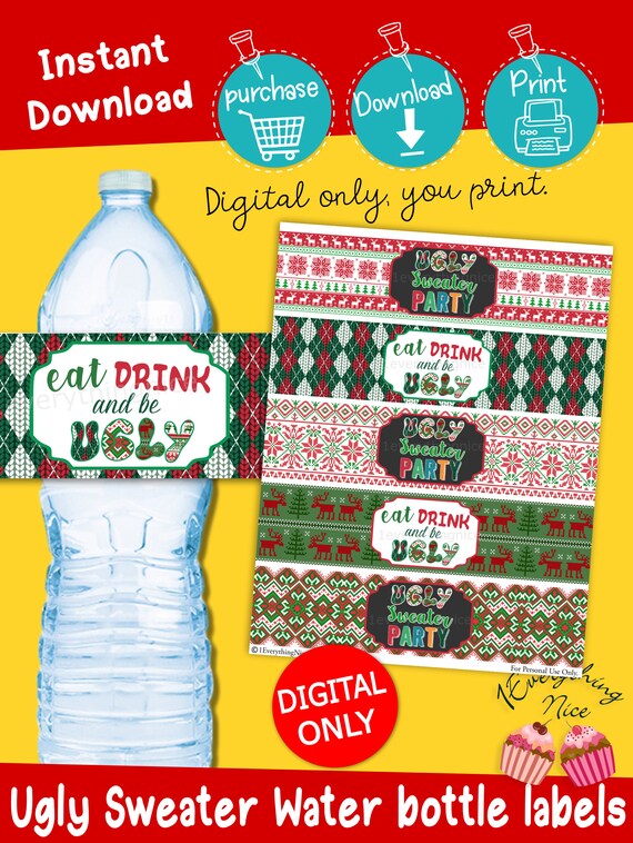 DIGITAL DOWNLOAD Ugly Sweater Christmas Theme Water Bottle Labels ...