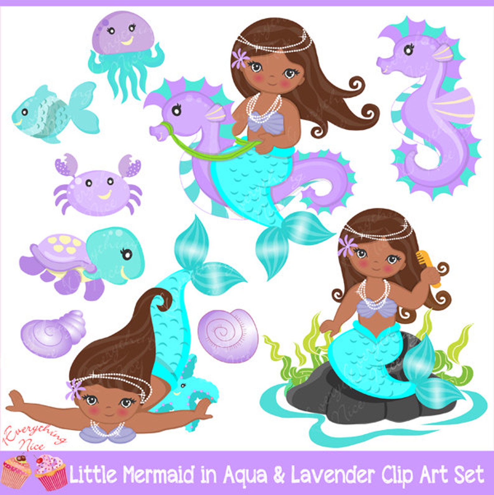 African-american Mermaids Mermaid in Aqua & Purple Clipart Set | Etsy