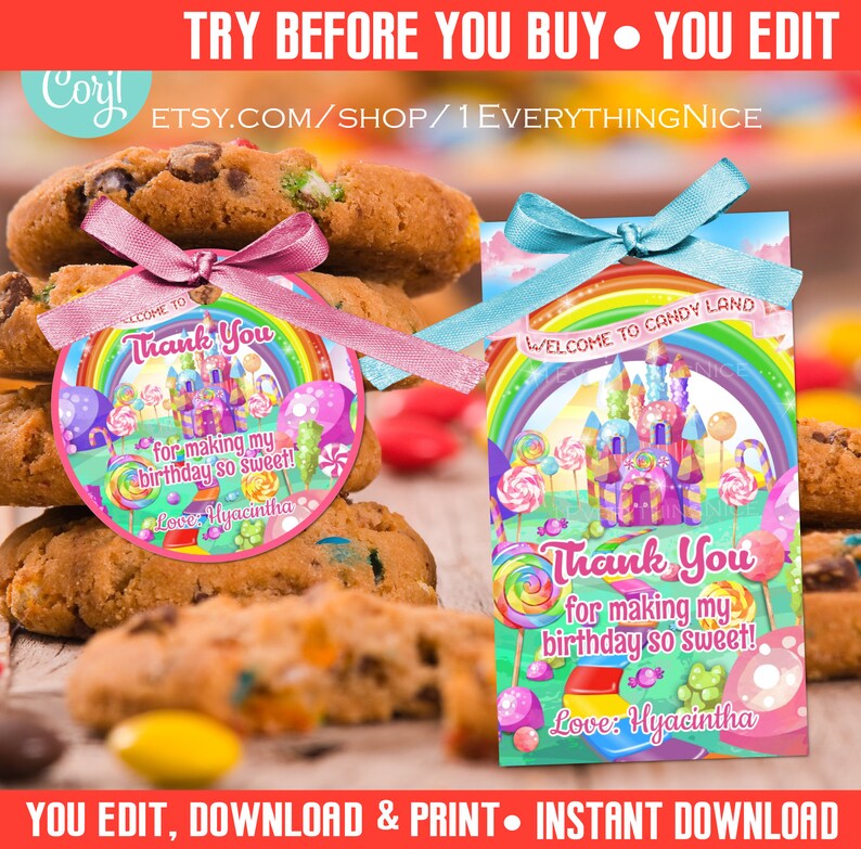 Candy Land Birthday Thank You Favor Tags Round Labels Stickers DIGITAL ...