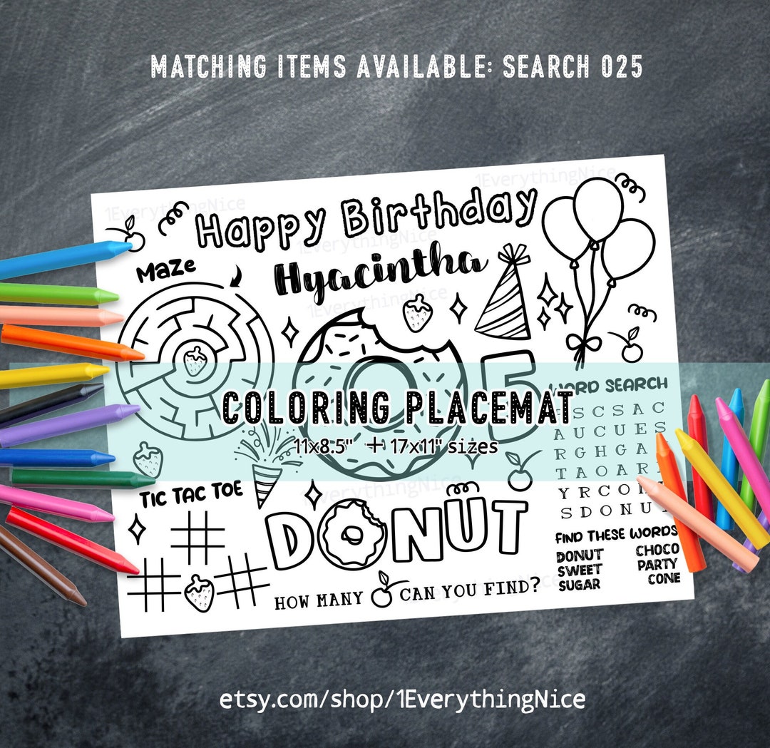 Donut Donuts Birthday Party Coloring Placemat, Activity Sheet Page ...
