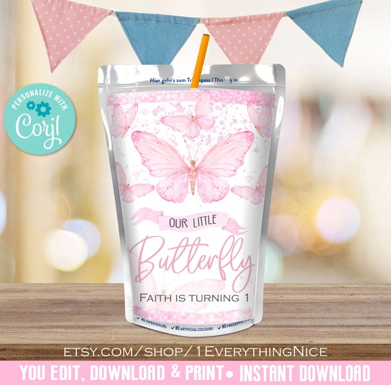 Editable DIGITAL DOWNLOAD Pink Butterfly Butterflies Theme Juice Labels ...