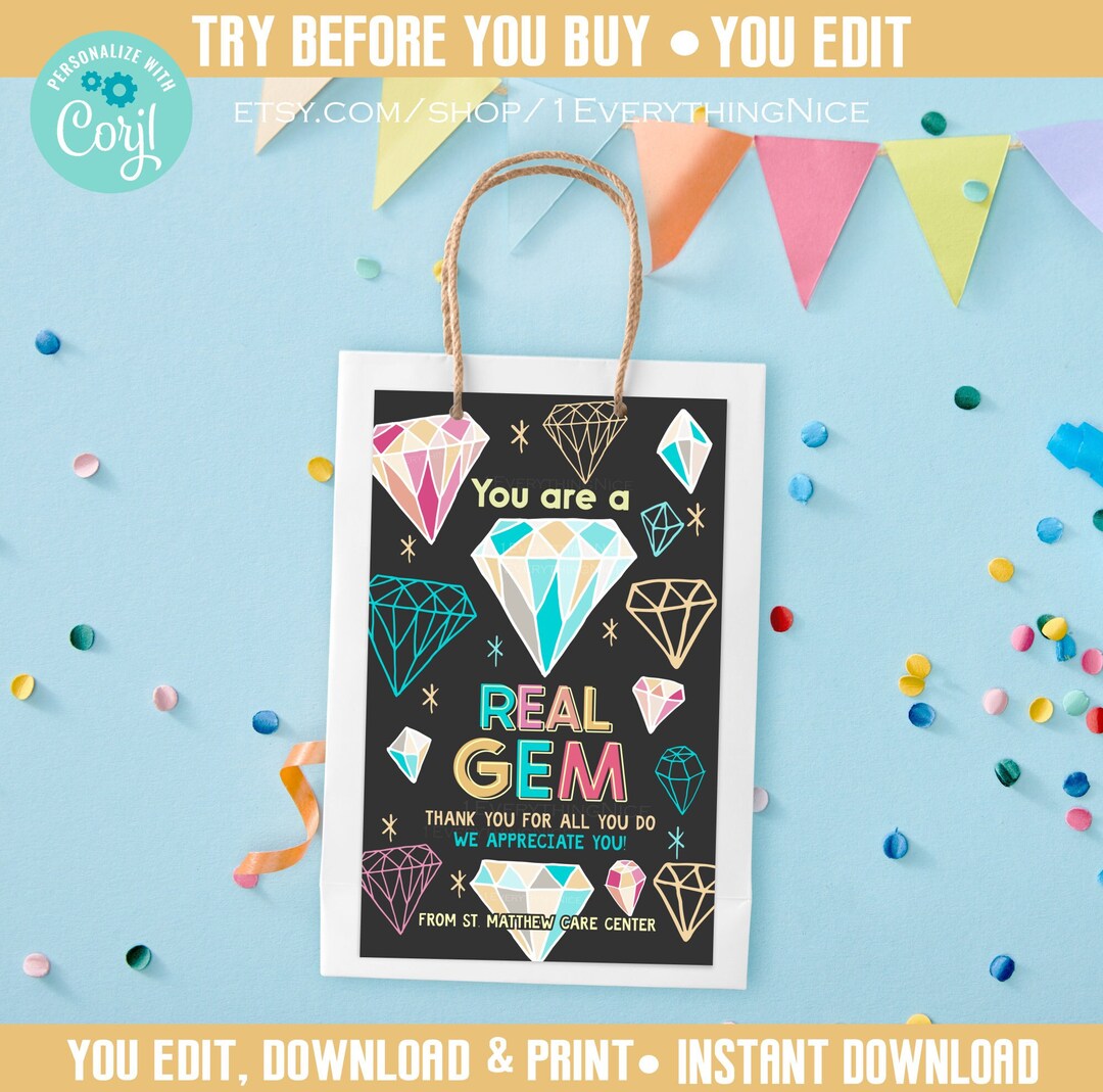 You Are A Real Gem Appreciation 5x8 Gift Paper Bag Label | School ...