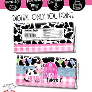 DIGITAL DOWNLOAD Pink Cow Farm Girl Theme Birthday Printables Labels ...