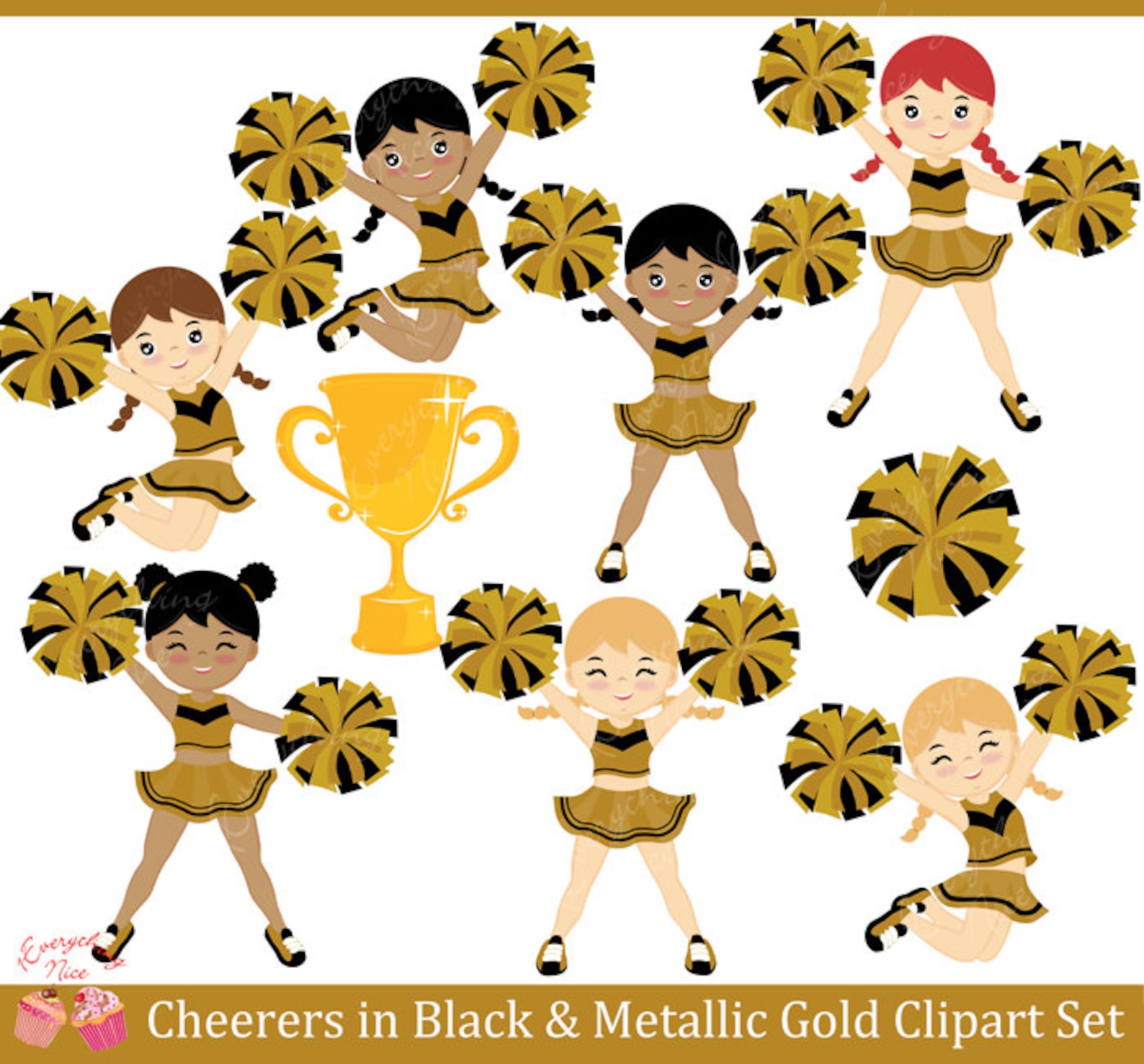 Cheerers Cheerleaders in Black and Metallic Gold Clipart Set - Etsy