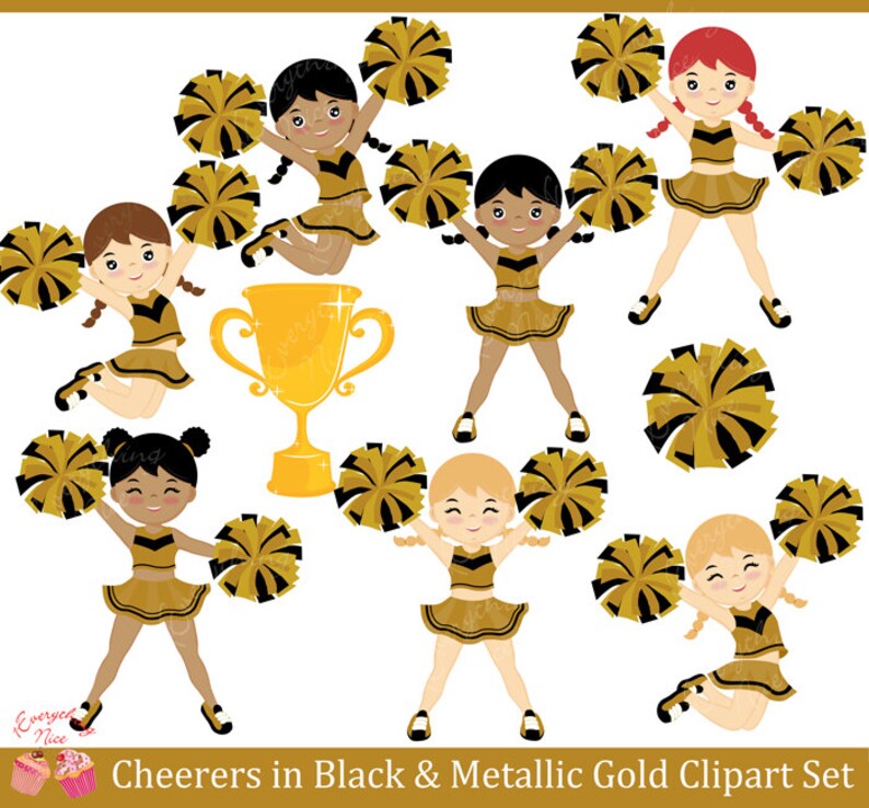 Cheerers Cheerleaders in Black and Metallic Gold Clipart Set - Etsy