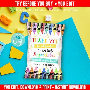 Editable Teachers Appreciation Chip Bag Wrapper Instant Digital ...