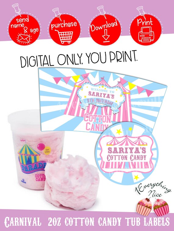 DIGITAL DOWNLOAD Pink Carnival Circus 2oz cotton candy tub labels by ...