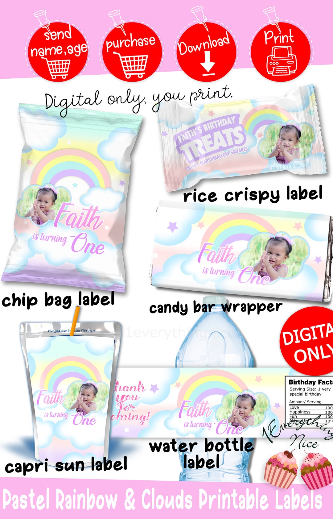 DIGITAL DOWNLOAD Pastel Rainbow and Clouds Theme Birthday Digital ...