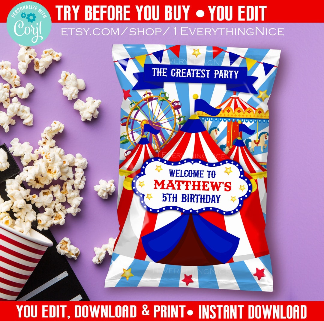 Carnival Circus Editable Chip Bag Wrapper Dark Blue & Red Digital ...