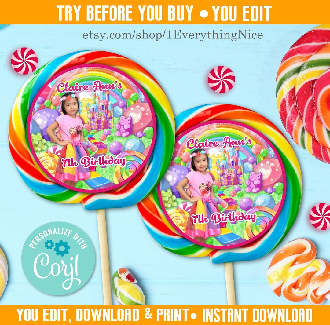 Candyland Candy Land Theme 3" Lollipop Labels Birthday Baby Shower ...