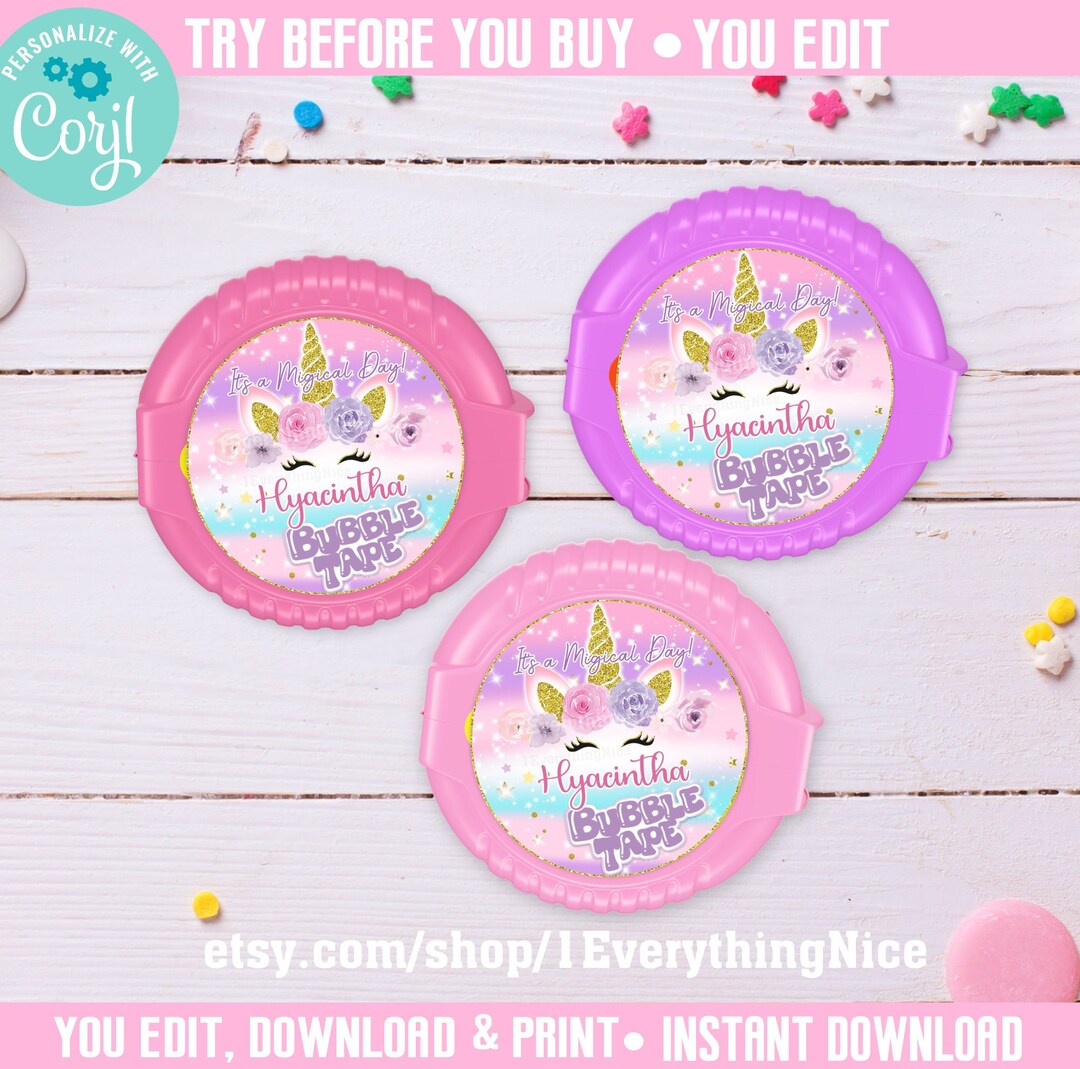 Magical Unicorn Birthday Party Theme Bubble Gum Tape Label Printable ...