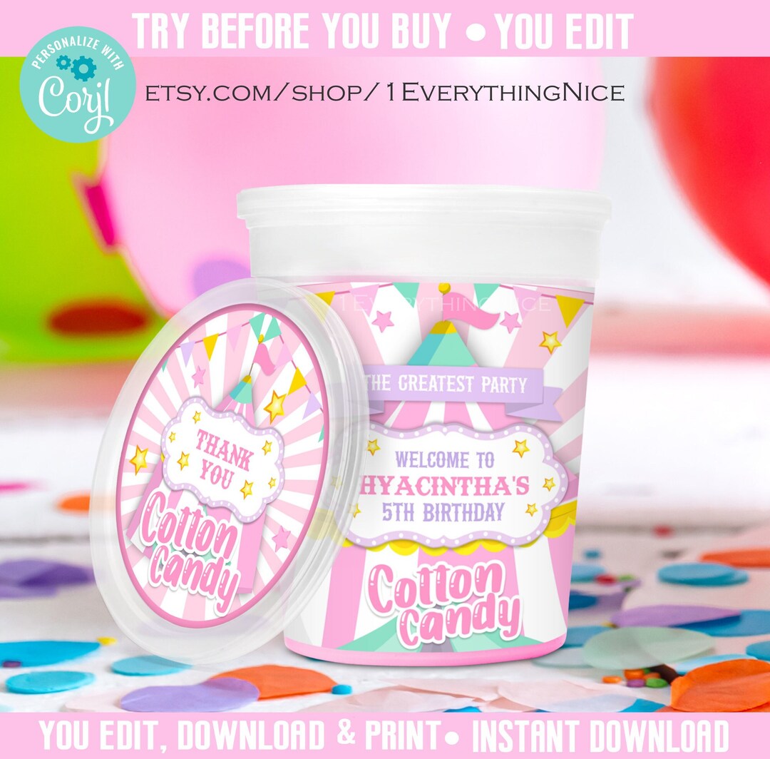 Carnival Circus 2oz Cotton Candy Tub Label | Pastel Pink Girl Colors ...