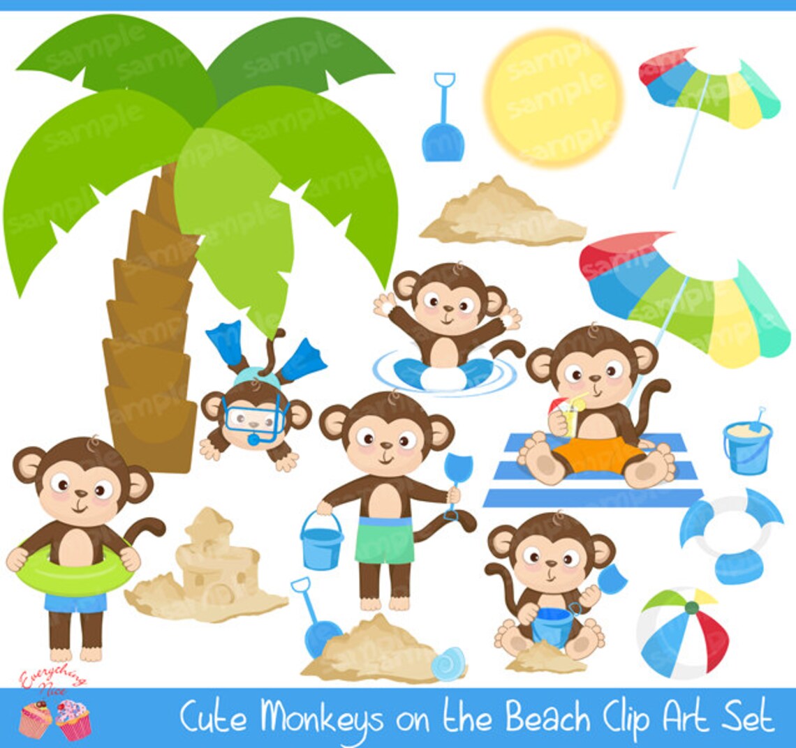 Cute Monkeys on the Beach Clipart Set - Etsy