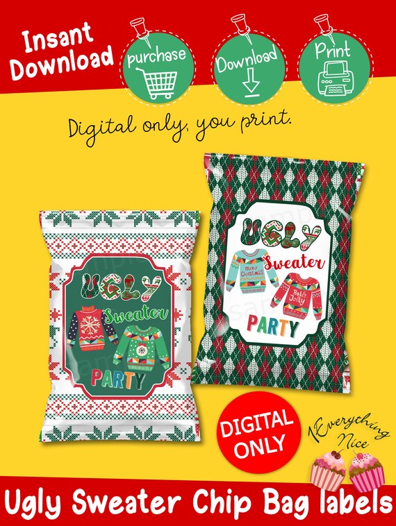 DIGITAL DOWNLOAD Ugly Sweater Christmas Theme Chip Bag Labels Printable ...