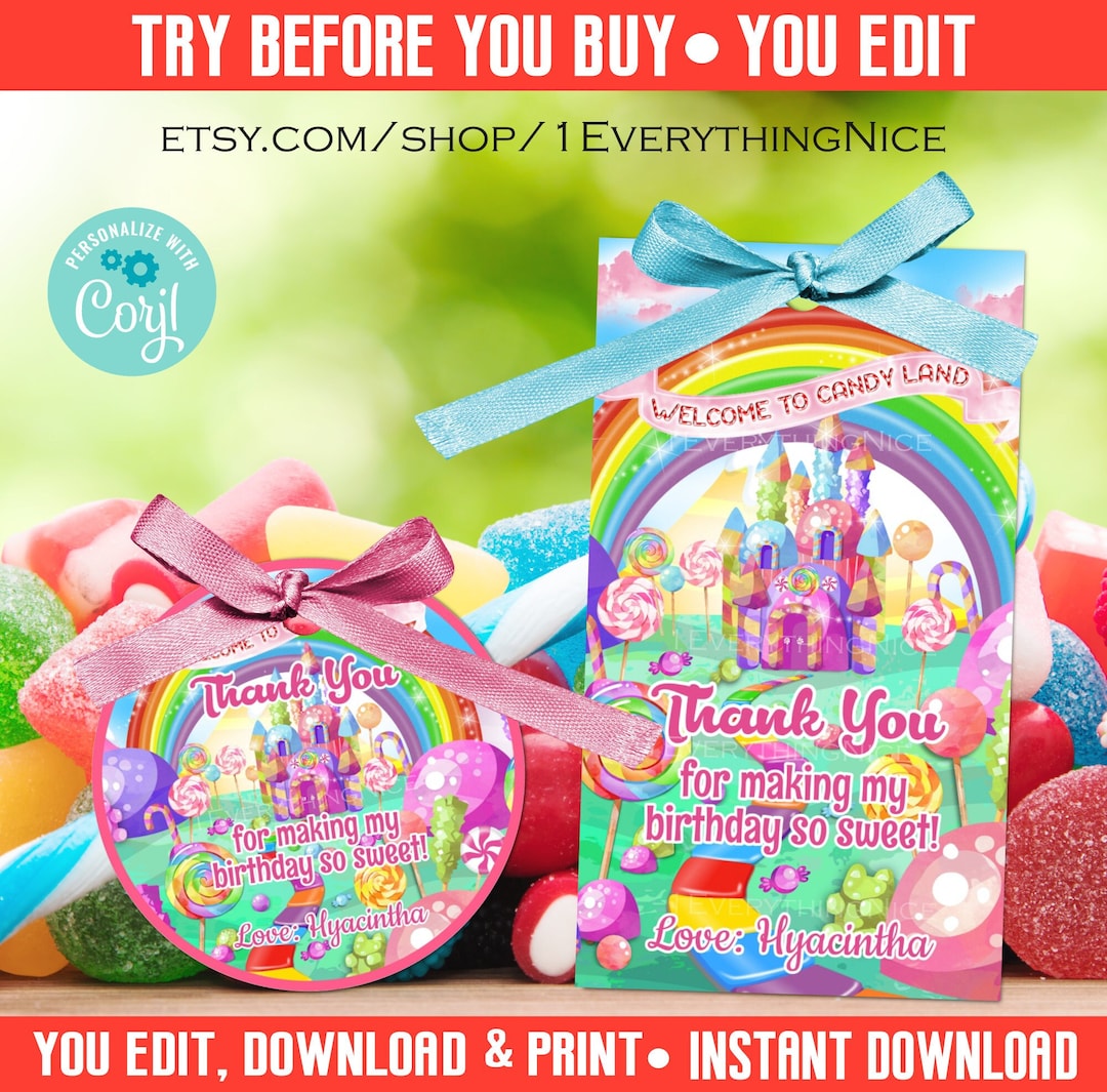 Candy Land Birthday Thank You Favor Tags Round Labels Stickers DIGITAL ...