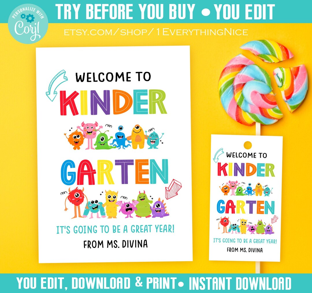 Welcome Kindergarten Monster Theme Classroom | 5x7 Card & Tag Instant ...