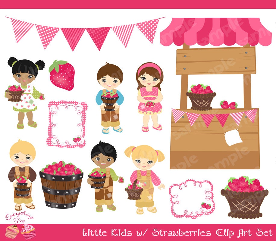 Little Kids With Strawberries Clipart Set | Etsy