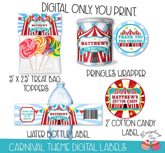 Circus Carnival Theme Birthday Digital Printables Labels Personalized ...