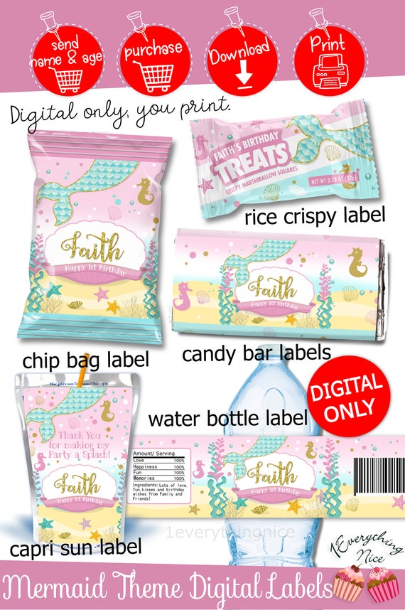 Mermaid Theme Bundle Set Birthday Digital Printables Labels ...