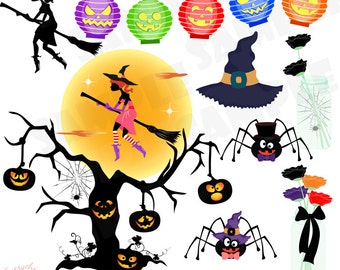 Cute Halloween Girls Clipart, Cute Witches Clipart, Witch Clip Art Set ...
