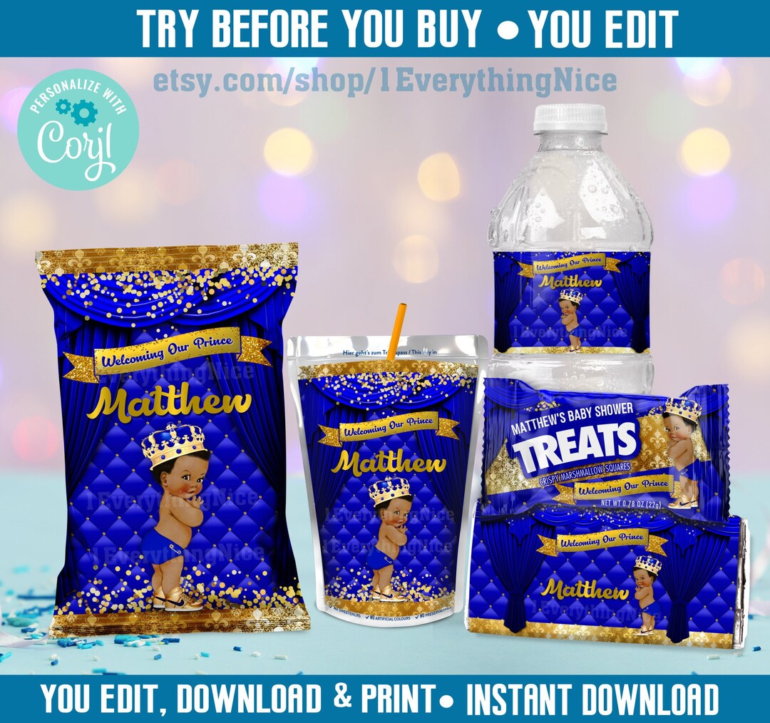 Royal Blue Gold Prince Baby Shower Theme Wrappers and Labels Bundle Set ...