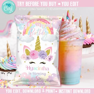 Editable DIGITAL Instant DOWNLOAD Magic Magical Unicorn Pastel Birthday ...