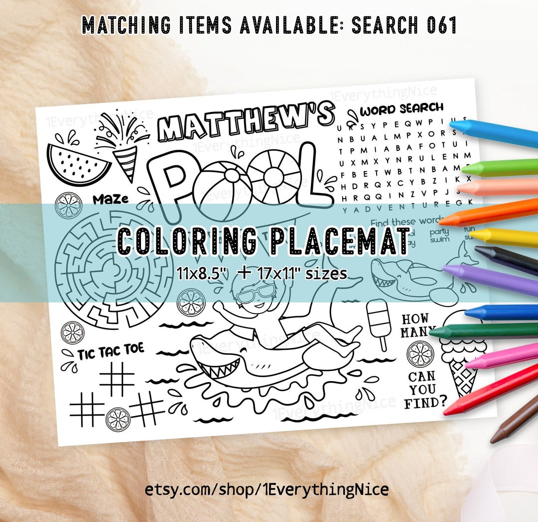 Pool Party Summer Birthday Bash Coloring Placemat Activity Sheet Page ...