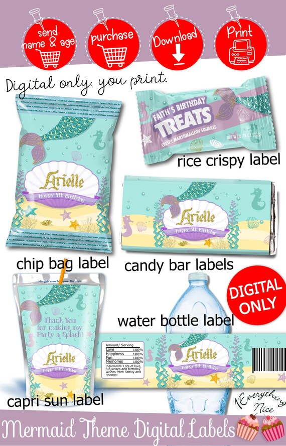 Mermaid Theme Birthday Digital Printables Labels Personalized Bundle ...