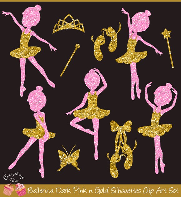 Ballerina Gold and Pink Silhouettes Clipart Set | Etsy