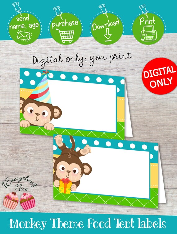 INSTANT DIGITAL DOWNLOAD Monkey Birthday Theme Food Tent Labels ...