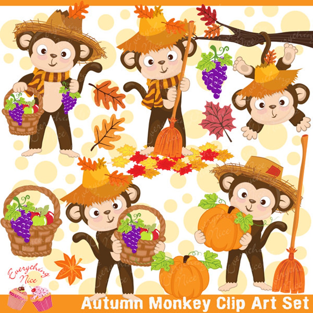 Autumn Monkey Clipart Set - Etsy