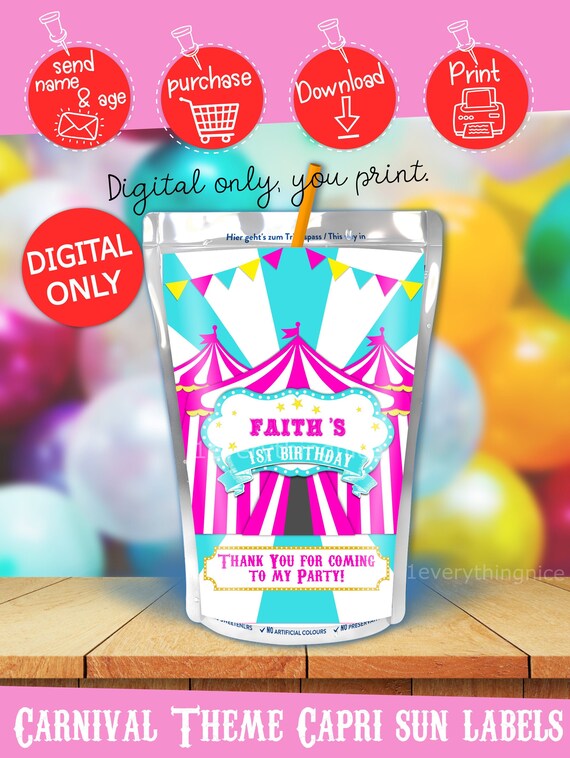 DIGITAL DOWNLOAD Pink Carnival Birthday Capri Sun Juice Labels Digital ...