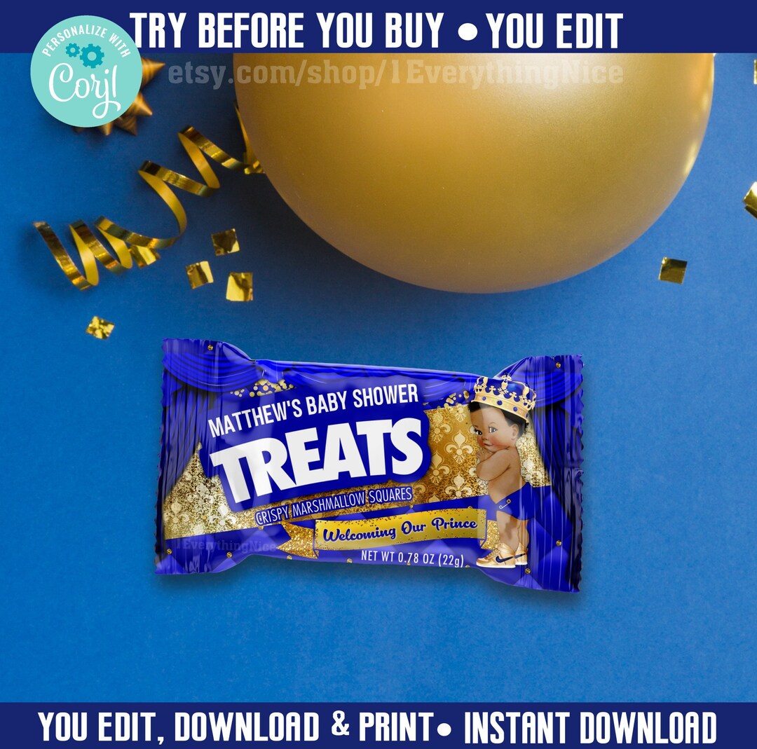 Royal Blue Gold Prince Baby Shower Theme Krispy Treat Wrapper Instant ...