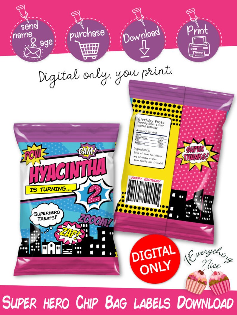 DIGITAL DOWNLOAD Hero Girl Theme Chip Bag Labels Printable - Etsy