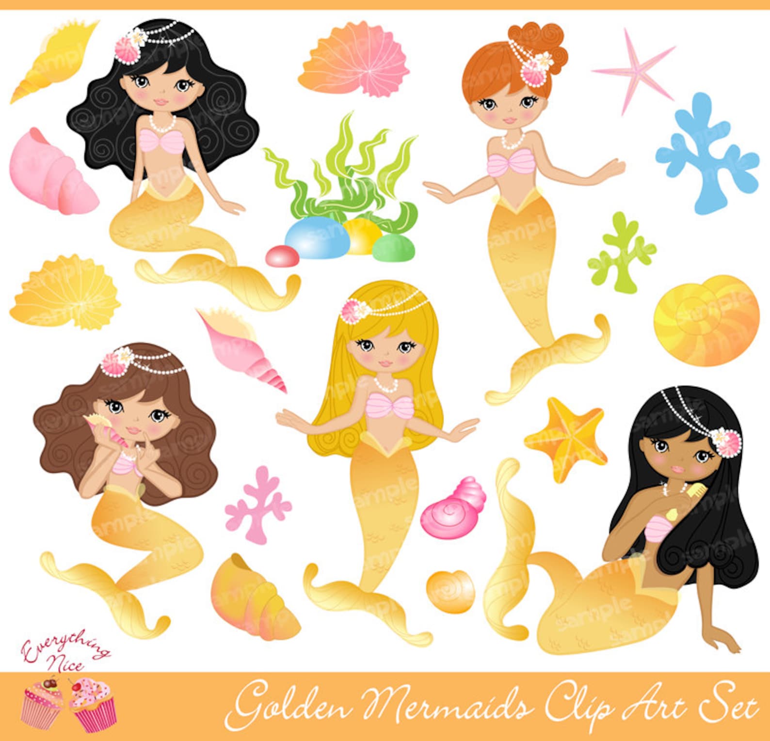 Golden Mermaids Clipart Set | Etsy