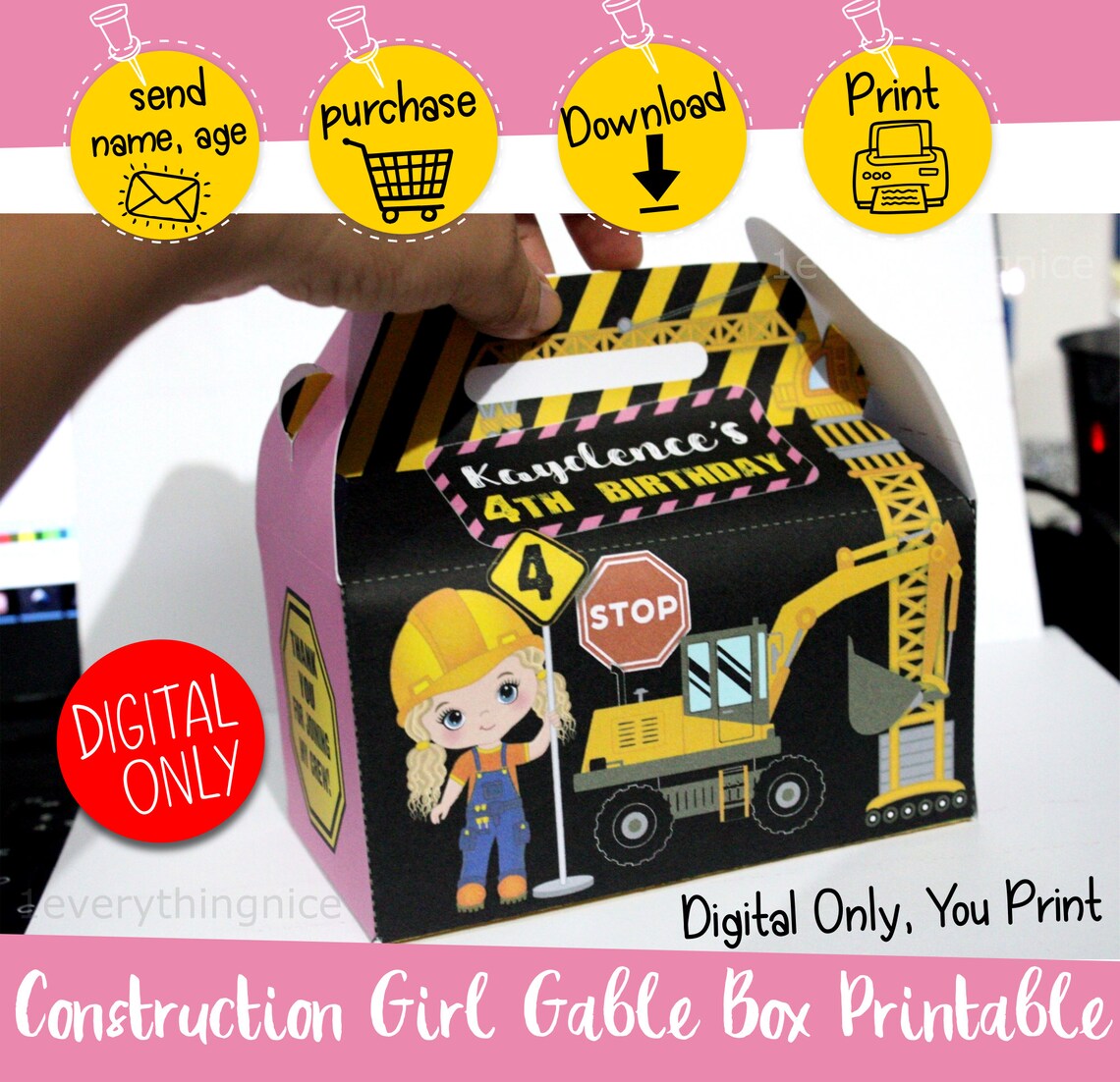 DIGITAL DOWNLOAD Construction Girl Theme Gable Box Favor Box | Etsy