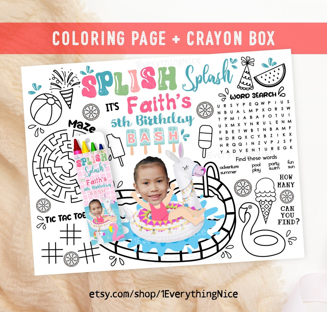 Splish Splash It's A Birthday Bash Girl Pink Coloring Placemat Activity ...