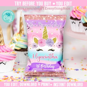 Magical Unicorn Theme Birthday Party Favors Wrappers and Labels Bundle ...