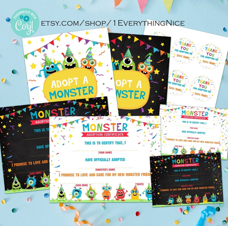 Monsters Adoption Certificate Cute Monster Bash Editable - Etsy