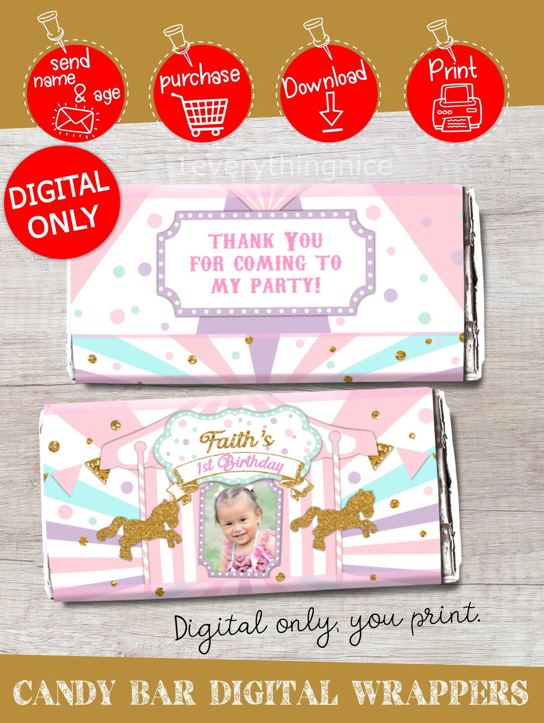 DIGITAL DOWNLOAD Carousel Birthday Candy Chocolate Hershey Bar Wrappers ...