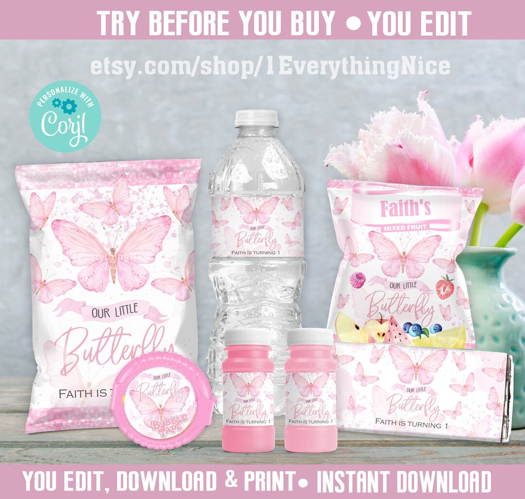 Pink Butterfly Butterflies Theme Wrappers and Labels Bundle Set 6 ...