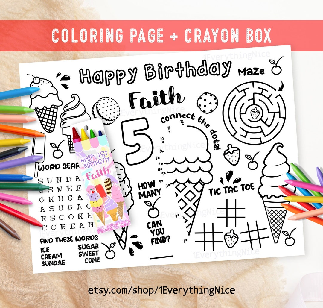 Ice Cream Summer Birthday Party Coloring Placemat, Activity Sheet Page ...