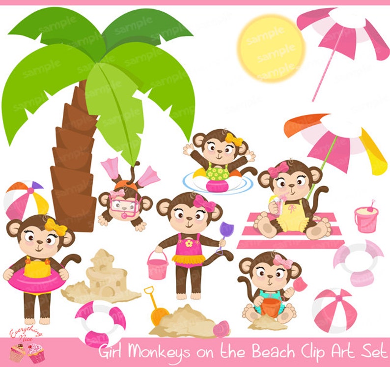 Girl Monkeys on the Beach Clipart Set - Etsy