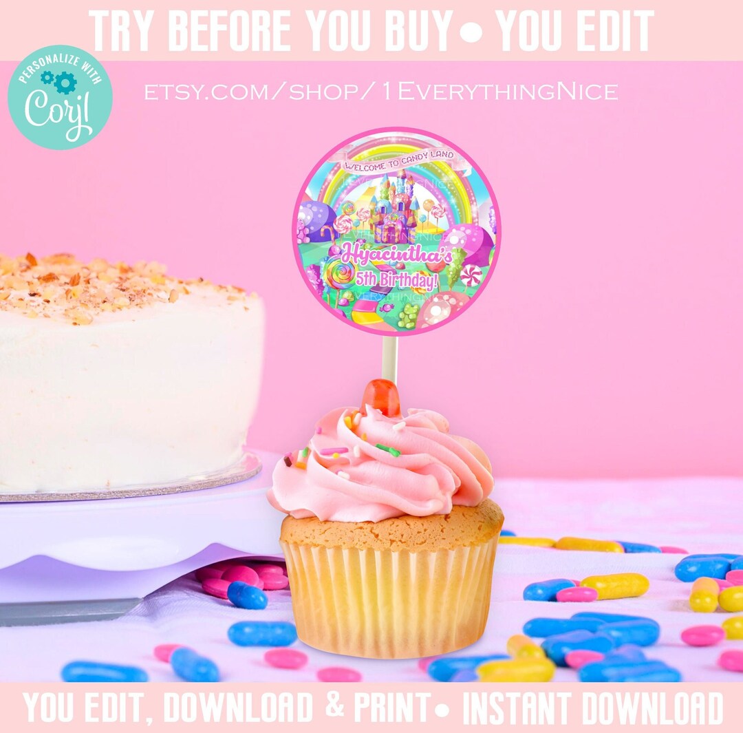 2 Cupcake Toppers Candyland Theme Instant DOWNLOAD Birthday Theme Round ...