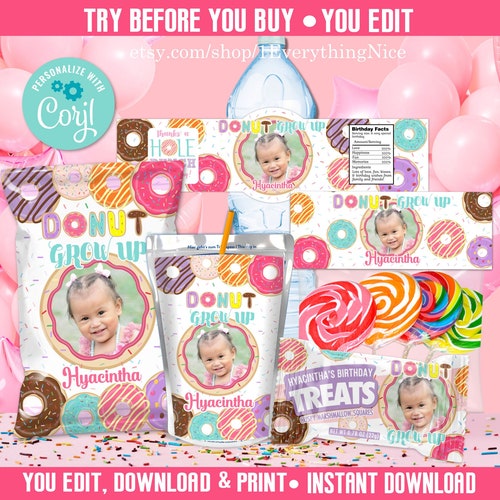 Editable DIGITAL DOWNLOAD Donut Grow up Donuts Birthday Water - Etsy