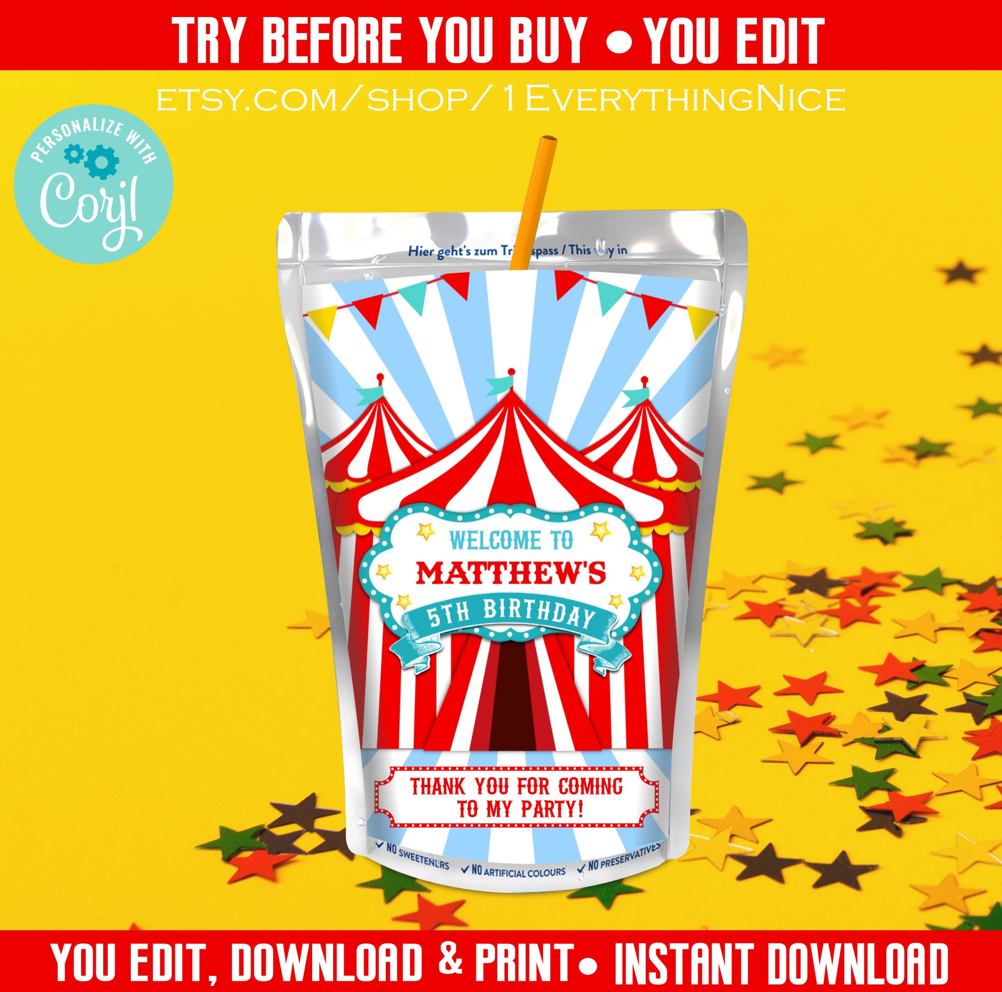 Circus Carnival Theme Editable DIGITAL Wrappers & Labels Set Bundle 1 ...