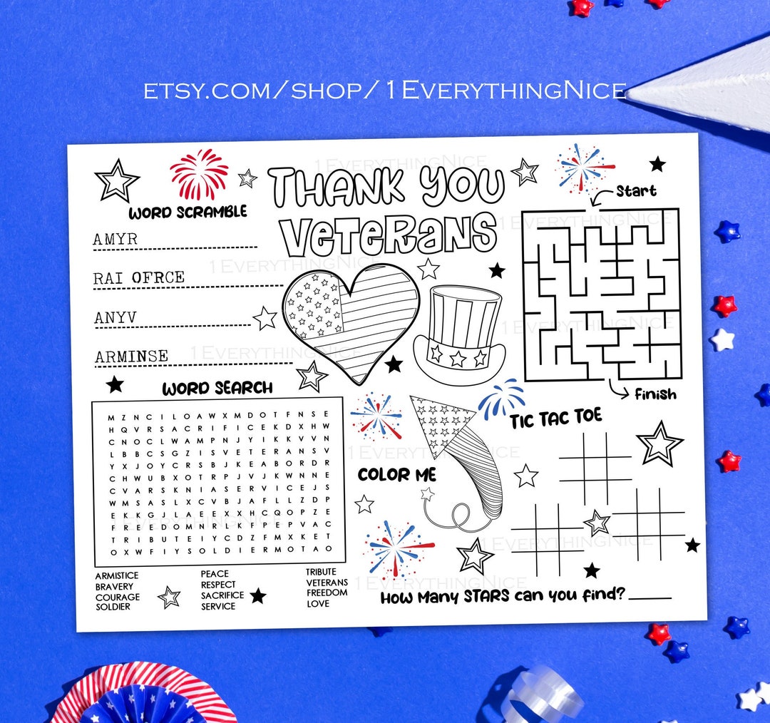 Thank You Veterans Theme Armistice Day Coloring Activity Games - Etsy