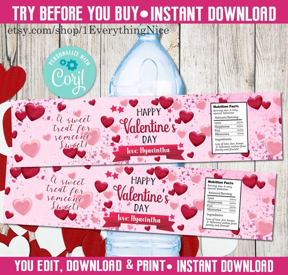 Editable DIGITAL DOWNLOAD Valentine Valentines Day Water Bottle Labels ...