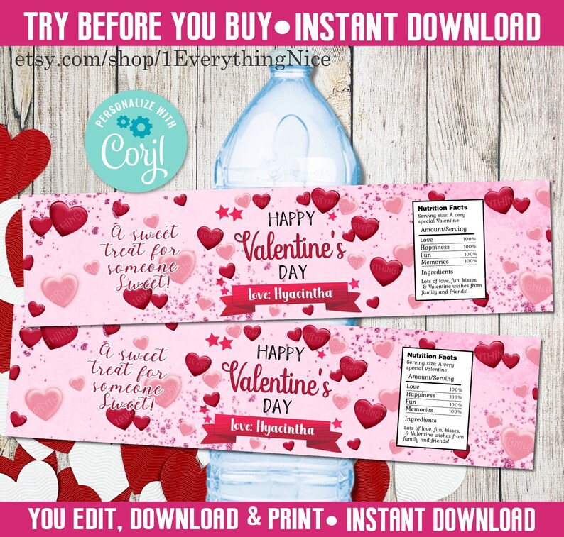 Editable DIGITAL DOWNLOAD Valentine Valentines Day Water - Etsy