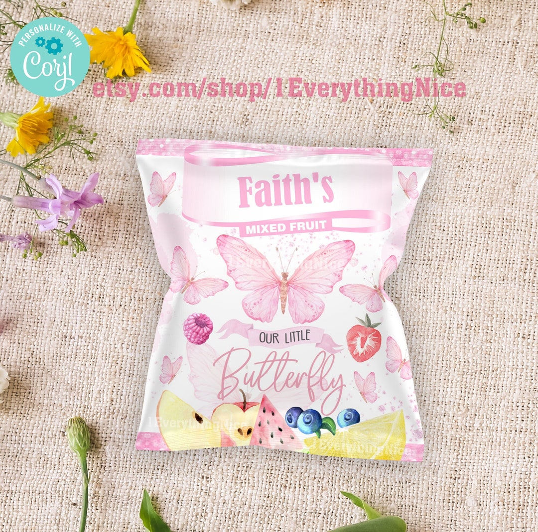Pink Butterfly Butterflies Theme Fruit Snack Wrapper Birthday Party ...